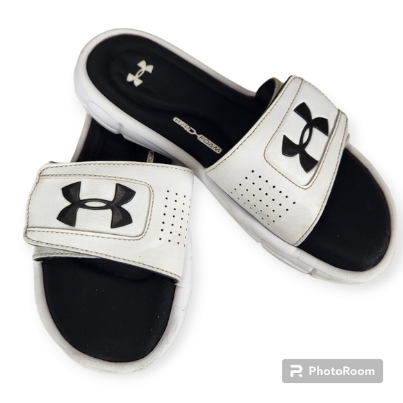 Under Armour | Shoes | Black And White Under Armour Memory Foam Slides ...